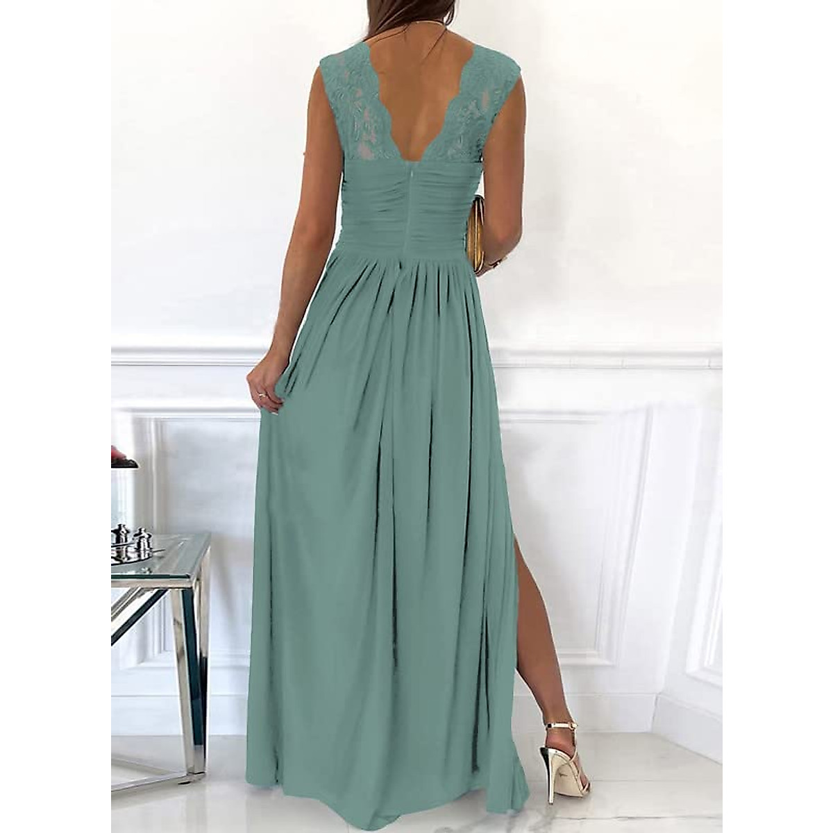 Dokotoo Womens Ladies Elegant Floor Length A Line Wrap Deep V Neck Backless Ruched Pleated Ruffled Split Long Maxi Formal Evening Party Prom Dress Bridesmaid Wedding Guest Dresses for Women Green L