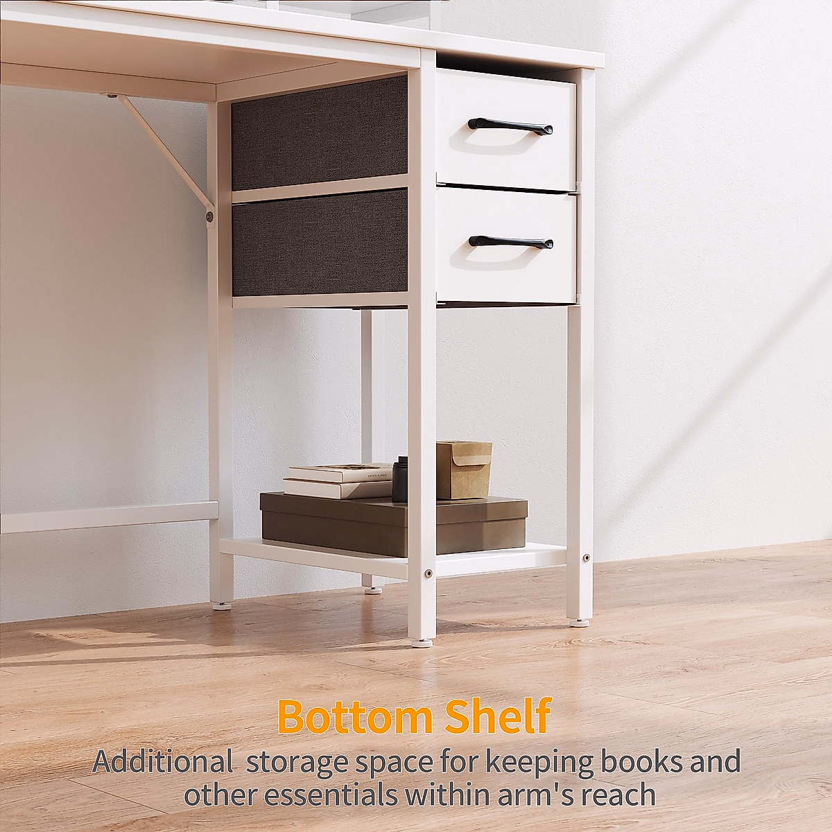 CubiCubi Computer Desk with Drawers, 47 Inch Reversible Office Desk with Monitor Stand and Storage Shelves, Work Writing Study Desk Table for Home, White