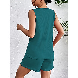 Ekouaer Pajamas Tank Top and Shorts Lounge Sets Waffle Knit V Neck Pj Short Sets Casual Outfits for Women Dark turquoise Medium