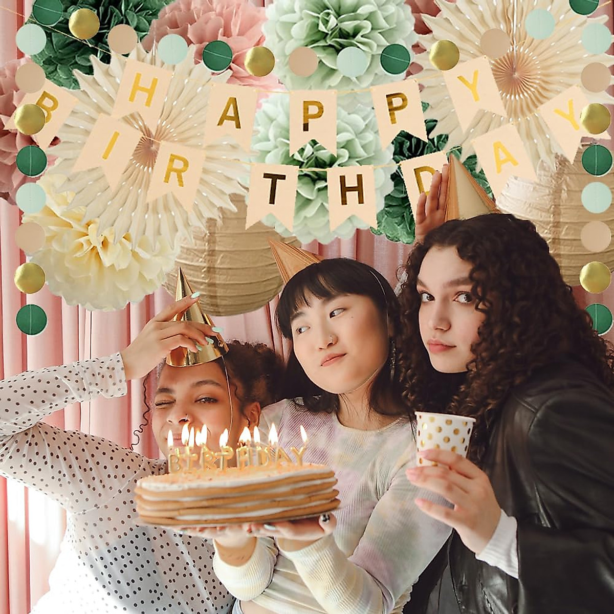 Sage Green and Dusty Pink Birthday Decorations Sage Green Paper Pom Poms Paper Fans Happy Birthday Banner for Women Girls Neutral Birthday Baby Shower Party Decor Supplies