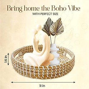Flower Rattan Tray , Round Wicker Woven Basket Serving Trays Decorative (11in), Natural & White