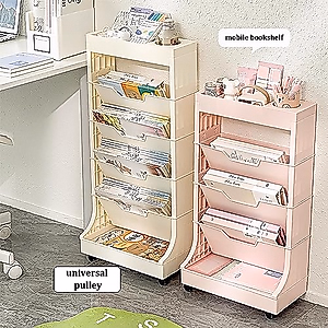 Rolling Book Shelf Organizer Mobile Book Shelf Cart 6 Tier Movable Bookshelf Cart Desk Side Cart for Office Dorm Classroom,Pink,5 Tier