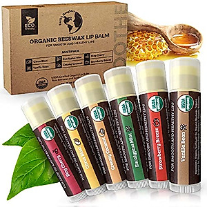 USDA Organic Lip Balm 6-Pack by Earth's Daughter - Fruit Flavors, Beeswax, Coconut Oil, Vitamin E - Best Lip Repair Chapstick for Dry Cracked Lips - Moisturizing Lip Care For Kids And Adults