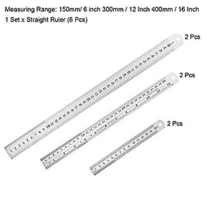 uxcell Straight Ruler 150mm 6 Inch 300mm 12 Inch 400mm 16 Inch Metric Stainless Steel Measuring Ruler Tool with Hanging Hole Inch & Centimeters Precision Drawing Ruler 1 Set