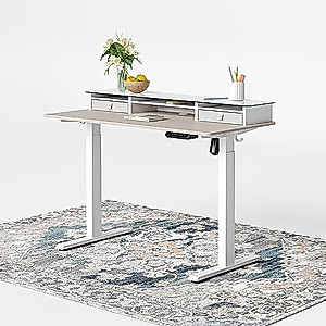 FEZIBO Electric Standing Desk with Double Drawers, 48 x 24 Inch Glass Top Monitor Stand Adjustable Sit Stand Desk with Storage Shelf, White Frame/LightWalnut Top
