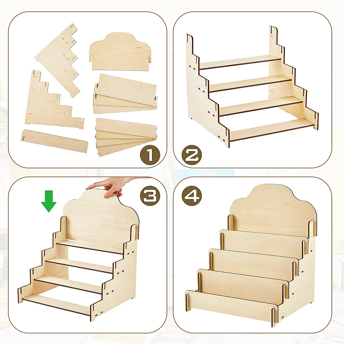 Barydat Tiered Greeting Card Display Stand Wooden Collector Card Rack Display Portable Birthday Card Display Wooden Photo Display Holder for Postcards Hair Clips Display(Beige,11.8 x 10.4 x 14.2 Inch)