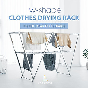 Letusto W-Rack Laundry Clothes Drying Rack - Indoor & Outdoor Folding Clothing Rack Foldable - Stainless Steel Laundry Garment Dryer Stand V2 (Square)