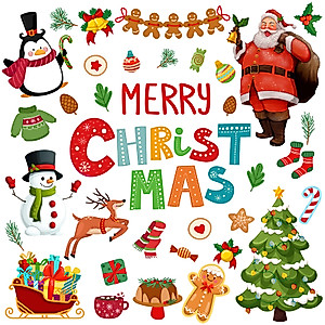 48PCS Merry Christmas Cut-Outs Christmas Theme Penguin Snowman Sleigh Santa Claus Gingerbread Cutouts with Glue Point Dots for Winter Holiday Classroom School Bulletin Board Christmas Party Decoration