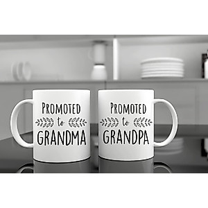 Pregnancy Announcement For Grandparents Coffee Mugs - Grandma To Be & Grandpa to Be 11 oz Mugs - Great Pregnancy Reveal Idea For Baby Announcement - Mug Set - Promoted to Grandma & Grandpa