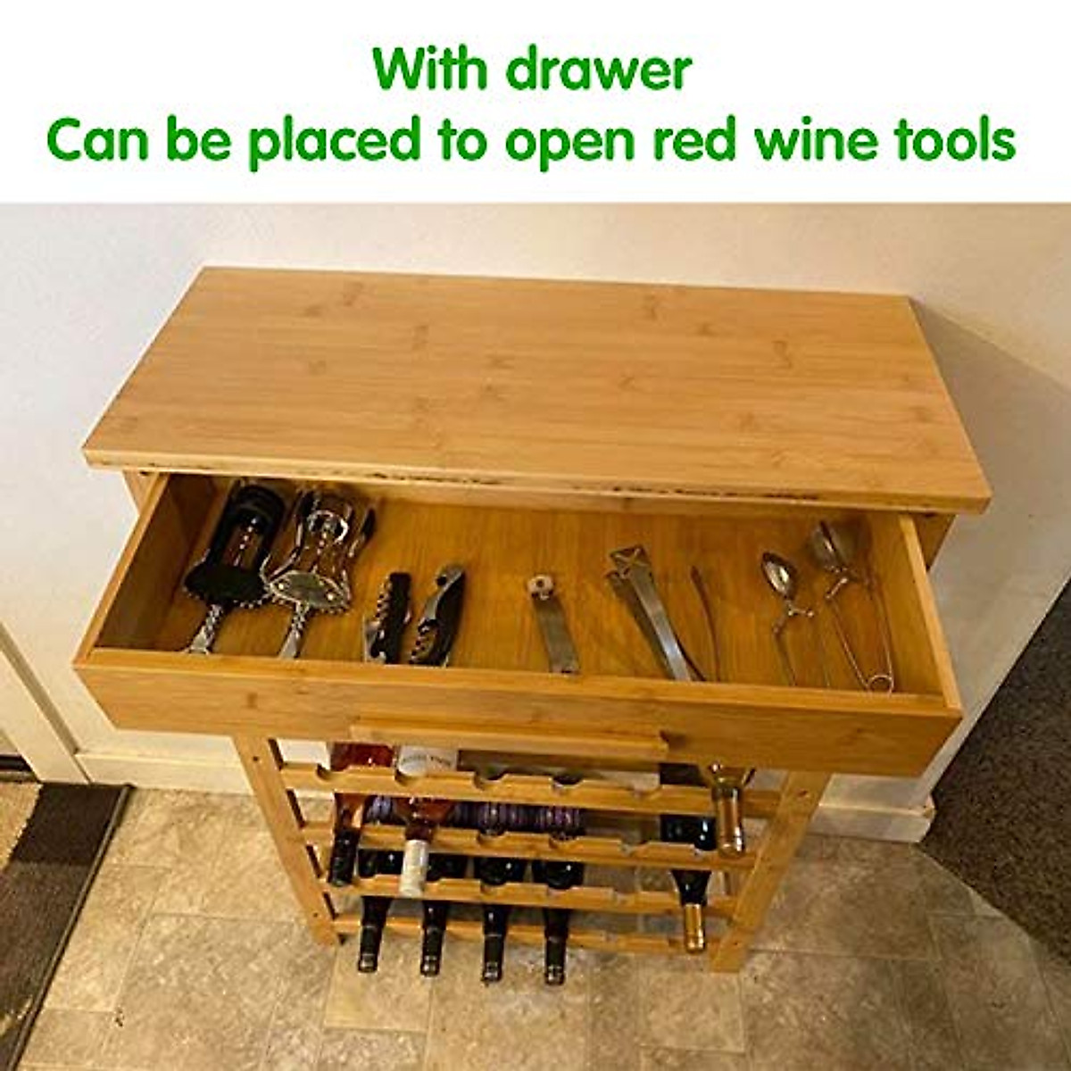 Kinsuite Bamboo Wine Rack Modular Wine Storage Holder Display Shelves for Storing Bottles at Home 36 Bottle Wine Rack Free Standing Floor 6 Shelves with Drawer