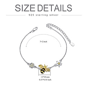 LONAGO 925 Sterling Silver Bumblebee Queen Honey Bee Honeycomb Sunflower Bracelet Daisy Jewelry Adjustable Link Chain Gift for Women Mom