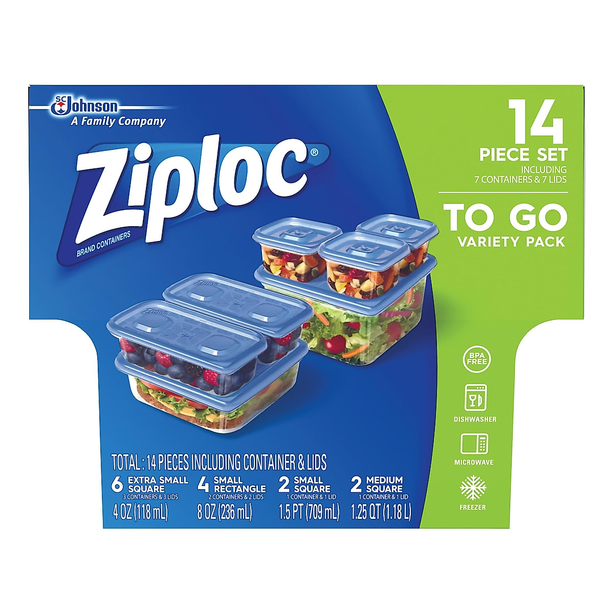 Ziploc Food Storage Meal Prep Containers with One Press Seal, For Travel & Organization, Dishwasher Safe, 14 Piece Set (Variety Pack)