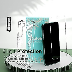 Cutebe [3 in 1 Cute Clear Case for Samsung Galaxy S22 6.1 Inch 2022 Released, Shockproof Series Protective Cover with Screen Protector and Camera Lens Protector for Women, Girls