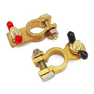 1 Pair Battery Terminals Solid Brass Clamps Connectors with Color Coded Wing Nuts, Top Post Battery Terminal with Anti Corrosion Pad for RV Motorbike Car Truck Boat Caravan