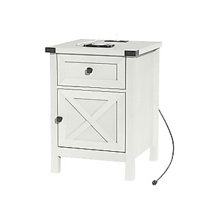 Farmhouse Nightstand with Charging Station, White Side Table, Rustic End Table with Barn Door and Drawer, Rustic Floating Nightstands Modern Bed Side Table Night Stand for Bedroom and Living Room