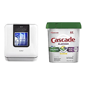 COMFEE' Countertop Dishwasher, Portable Dishwasher with 6L Built-in Water Tank, 7 Programs, UV Hygiene& Auto Door Open, for Apartments, Dorms& RVs & Cascade Platinum Dishwasher Pods, Lemon, 62 Count