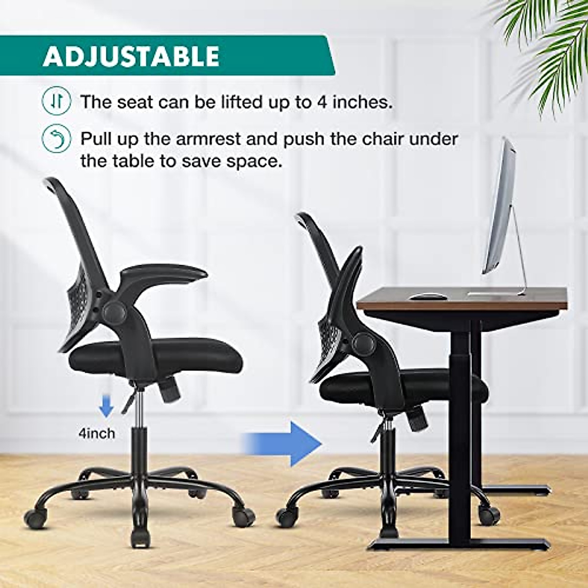 OLIXIS Wheels, Ergonomic Home Office Flip-up Arms and Lumbar Support, Mesh Swivel Rolling Height Adjustable, Tilt and Lock, Computer Desk Chair, Black