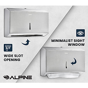 Alpine Commercial Paper Towel Dispenser Wall Mount for Multifold, Trifold & c Fold Paper Towel Holder - Stainless Steel Hand Towel Dispenser for Bathroom & Kitchen A