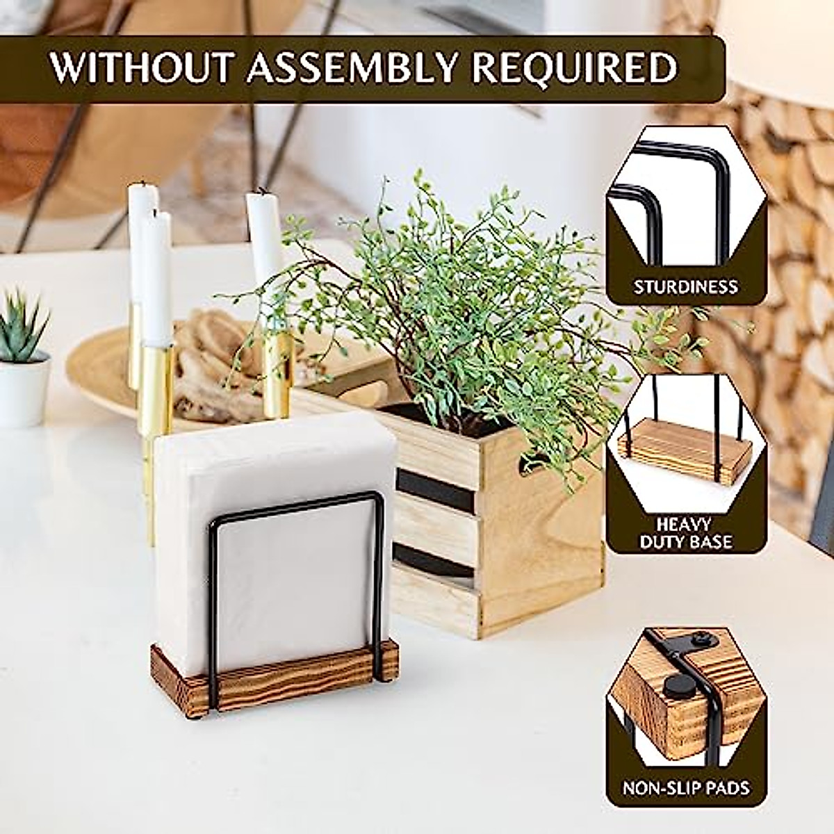 Napkin Holder for Kitchen Dining Table - Farmhouse Standing Iron Napkins Holders with Wood Base for Paper Napkins, Modern Dispenser for Home Decor