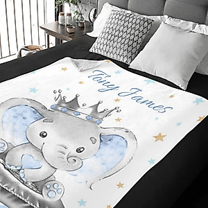 Personalized Baby Swaddle Blanket with Name,Custom Fleece Throw Kids Blanket,Baby Blanket for Girls/Boys with Elephant Decor,Newborn Gifts for Baby Shower/Toddler Bed.30x40