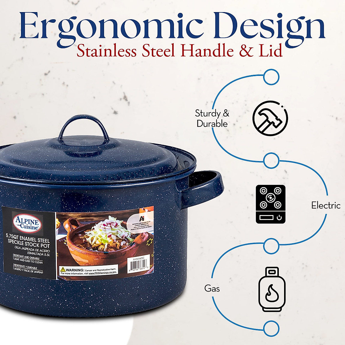 Alpine Cuisine Enamel Steel Dark Blue Speckle Stock Pot 5.75qt with Lid, Healthy Cookware Commercial Grade Stockpots, Multi Cooking Pot for Stew, Sauce & Reheat Food, Compatible for Family Meals