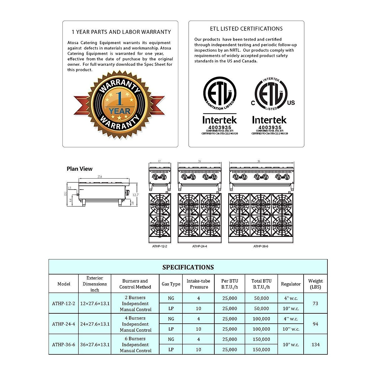 CookRite ATHP-36-6 Commercial Hot Plate Countertop Six Burner Liquid Propane Range 36" - 150,000 BTU