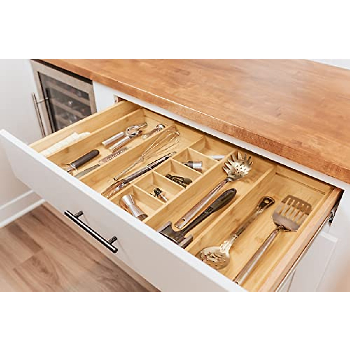 KitchenEdge Adjustable Kitchen Drawer Organizer for Utensils and Junk, Expandable to 28 Inches Wide, 9 Compartments, 100% Bamboo