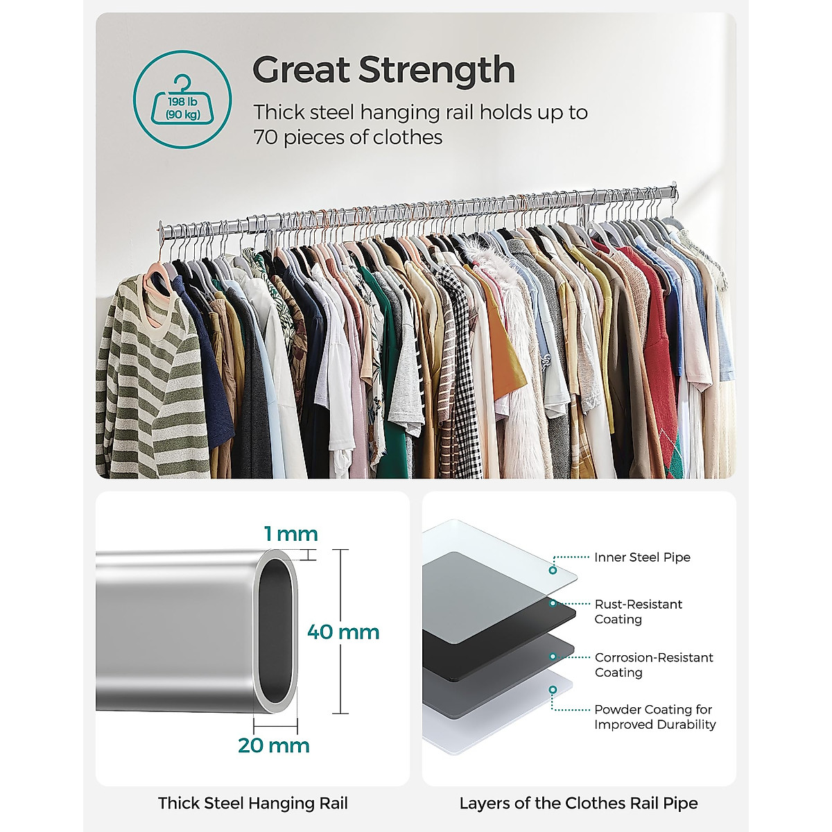 SONGMICS Clothes Rack with Wheels, Heavy-Duty Clothing Rack for Hanging Clothes, Portable Garment Rack, with Extendable Hanging Rail, 220 lb Load Capacity, Silver UHSR13SV1