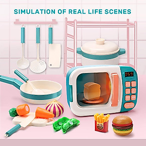 CUTE STONE Microwave Toys Kitchen Play Set, Kids Pretend Play Electronic Oven with Play Food, Kids Cookware Pot and Pan Toy Set, Cooking Utensils,Great Learning Gifts for Girls Boys