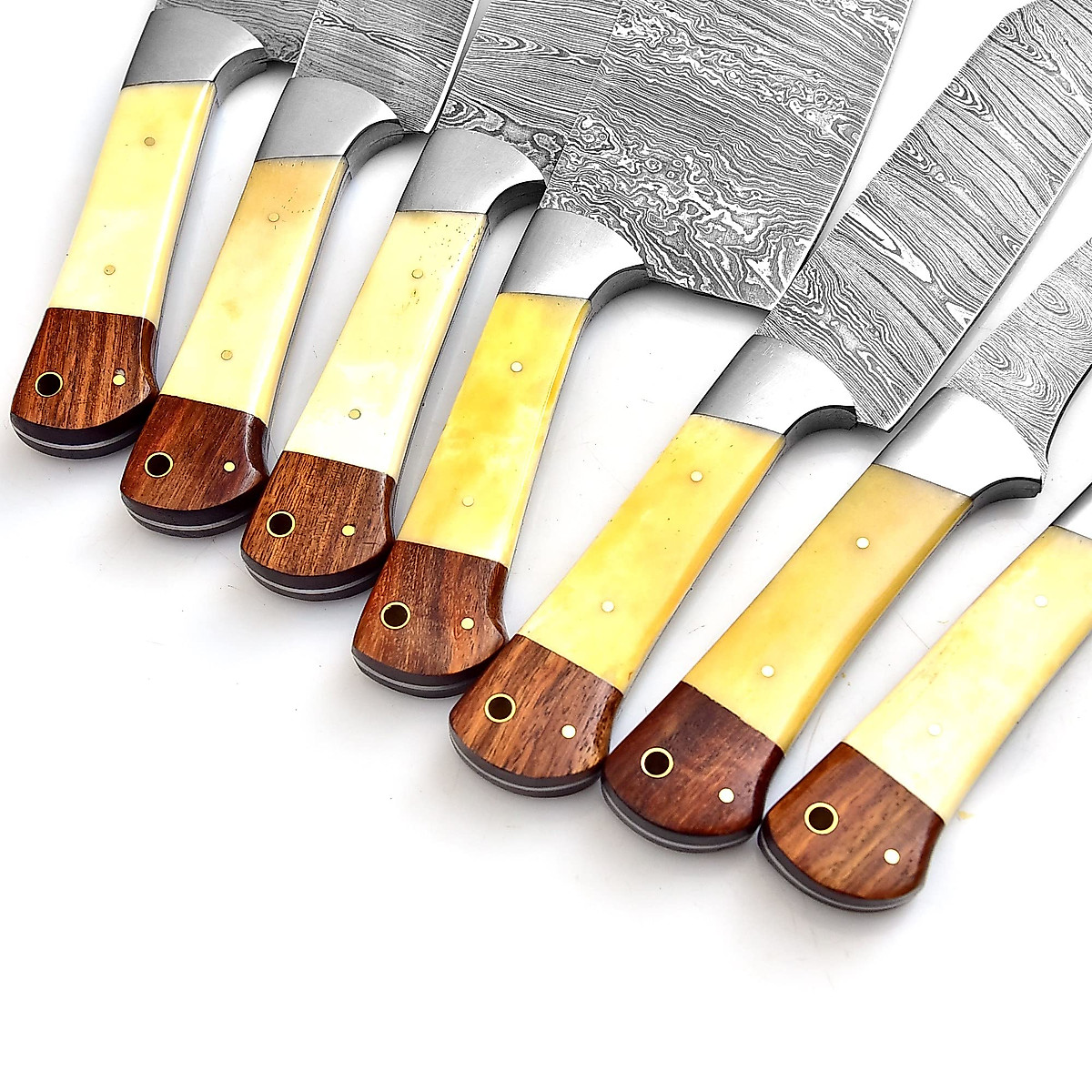 Professional Handmade Damascus Kitchen Chef Knife Set with Bone handle and Damascus Steel Blade, Kitchen Knife set with Leather Roll Bag (1064)