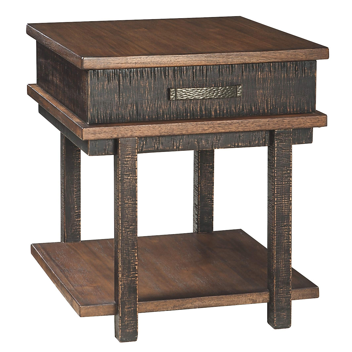 Signature Design by Ashley Stanah Rustic Rectangular End Table with 1 Drawer and Floor Shelf for Storage, Brown with Distressed Finish