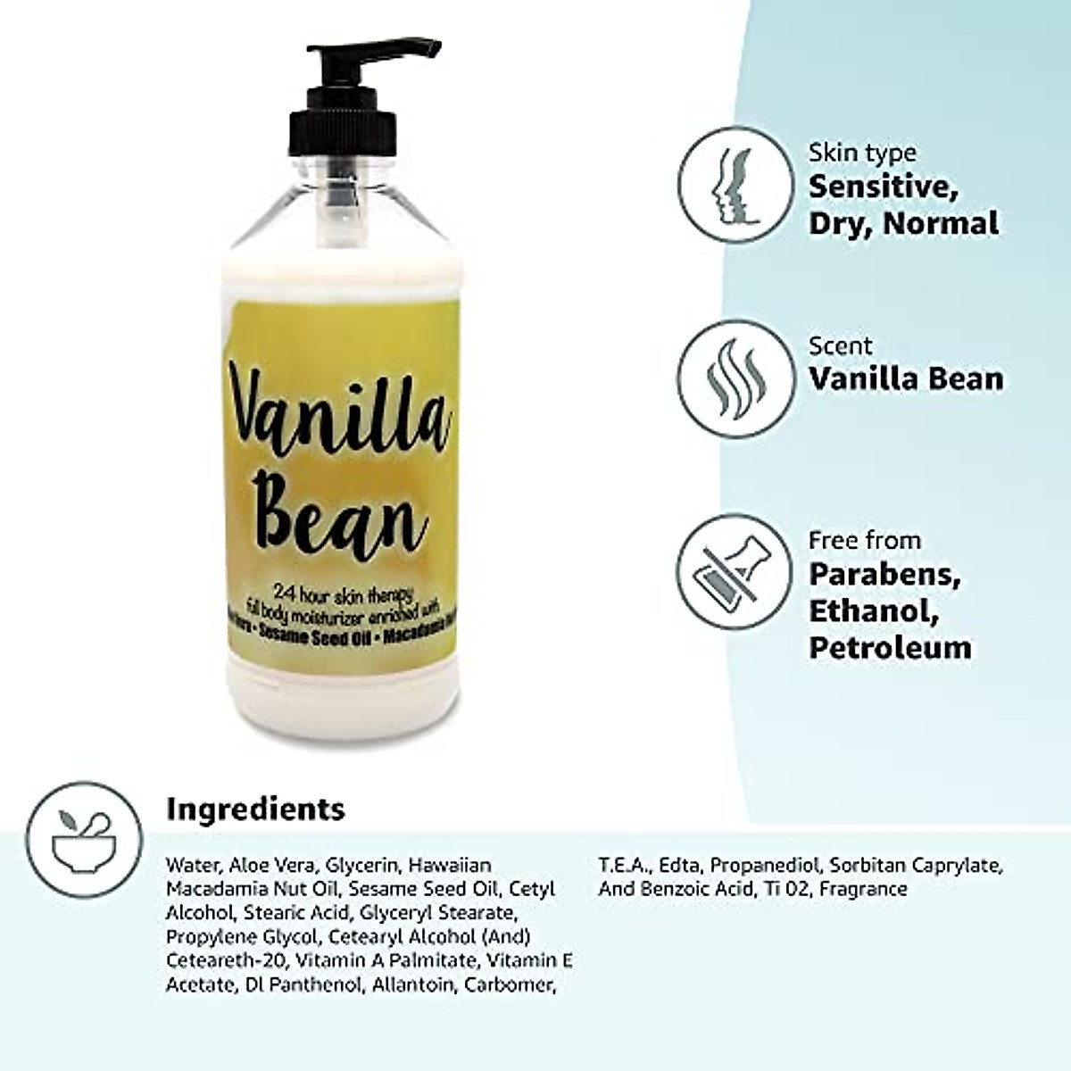 The Lotion Company 24 Hour Skin Therapy Lotion, Full Body Moisturizer, Paraben Free, Made in USA, Vanilla Bean Fragrance, w/ Aloe Vera, 16 Ounces