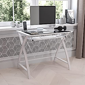 Flash Furniture Clear Tempered Glass Computer Desk with White Pull-Out Keyboard Tray and White Crisscross Frame