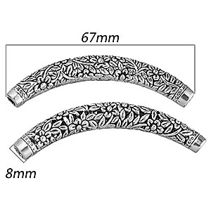 6Pcs/Set Noodle Tube Spacers Beads, Antique Silver Flower Pattern Floral Millefiori Carve for Charm Bracelet Necklace DIY Jewelry Making, 67mm Long, Hole: 3mm