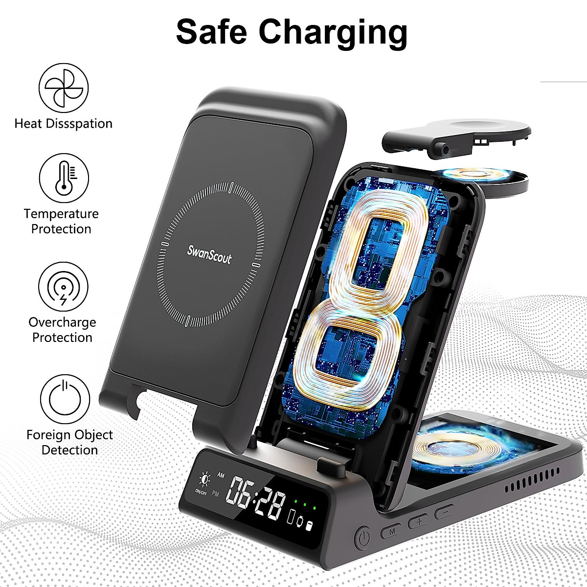 SwanScout Wireless Charging Station for iPhone, SwanScout 703A, Wireless Charger for iPhone 15/14/13/12/11 Series, for Apple Watch Ultra 2/9/8/7/6/5/SE, for Airpods Pro 2, Travel Foldable and Portable