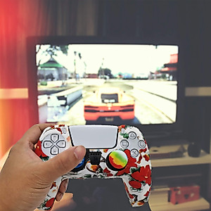 Skin for PS5 Controller Grips, Silicone Case Cover for PlayStation 5 Anti-Slip Protector with 10pcs Thumb Joysticks Caps (Flower)