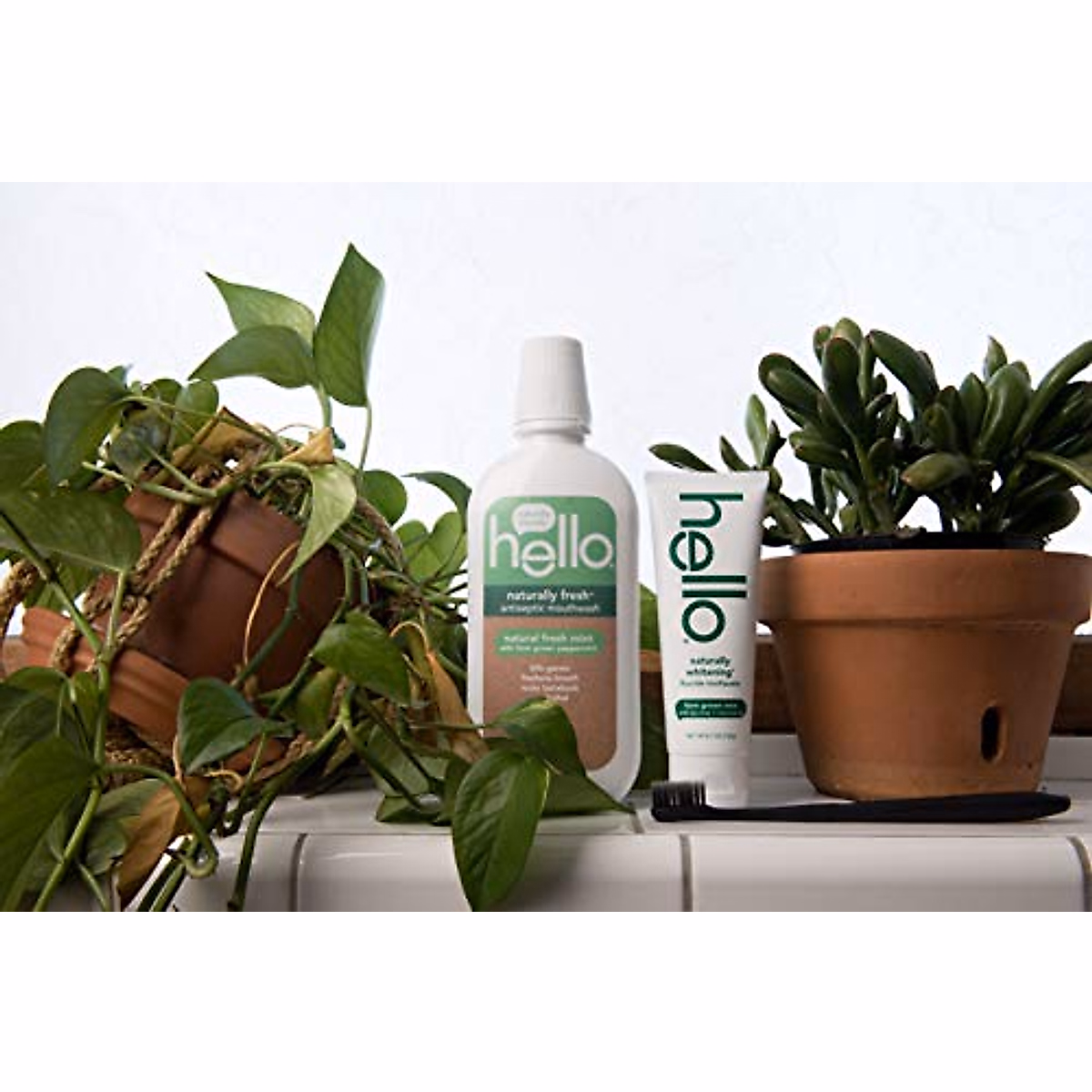Hello Naturally Whitening Fluoride Toothpaste and Naturally Fresh Antiseptic Mouthwash, Farm Grown Mint, Alcohol Free, Vegan, SLS Free and Gluten Free, 4.7 Ounce Tubes (Pack of 2), 16 Ounce Bottle