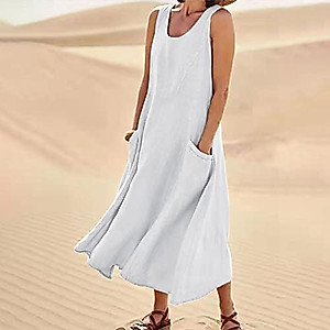 Porsha Williams Favorites Clothes, Boho Dress for Women Maxi Women's Plus Shorts Long Romper Dresses Women's Fashion Casual Solid Colour Sleeveless Cotton Linen Pocket Dress Ladies (S, White)