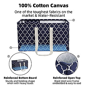 LLARUG Canvas Collapsible Utility Tote Bag,Oversized Beach Bag,Reusable Grocery Shopping Bag,Large Laundry Carry Bag,Laundry Basket (Blue Lattice)