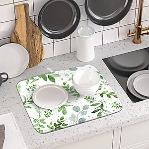 Giwawa Leaves Dish Drying Mat 16x18 inch Reversible Green Leaf Dish Draining Mats with Hanging Loop Absorbent Watercolor Plants Dish Drainer Mat Microfiber Leaves Drying Pad for Kitchen Counter Sink