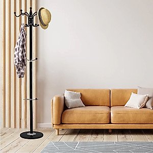 Sifenma Vertical Metal Coat Rack Stand with Marble Base, Clothes Tree, 15 Hooks for Hanging Coats, Jackets, Bags, Home Entrance Hat Hanger Organizer, Umbrella Tree, Freestanding Hall Tree(Black)