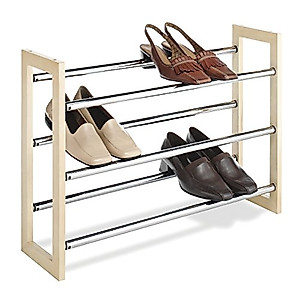 Whitmor 3 Tier Expandable Shoe Rack -Stackable - Natural Wood and Chrome