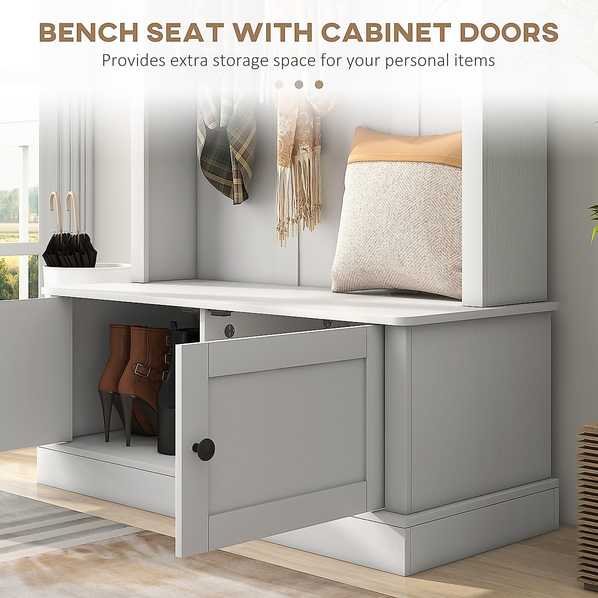 HOMCOM Freestanding Hall Tree, Entryway Bench with Coat Rack, Shoe Cabinet and Top Shelf, Mudroom Bench with Storage and Hooks for Hallway, White