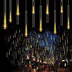 BrizLabs Christmas Meteor Shower Falling Rain Lights, 12 inch 10 Tubes 240 LED Icicle Cascading Christmas Lights Outdoor, Waterproof Plugin Warm White Xmas Tree Lights for Garden Christmas Party