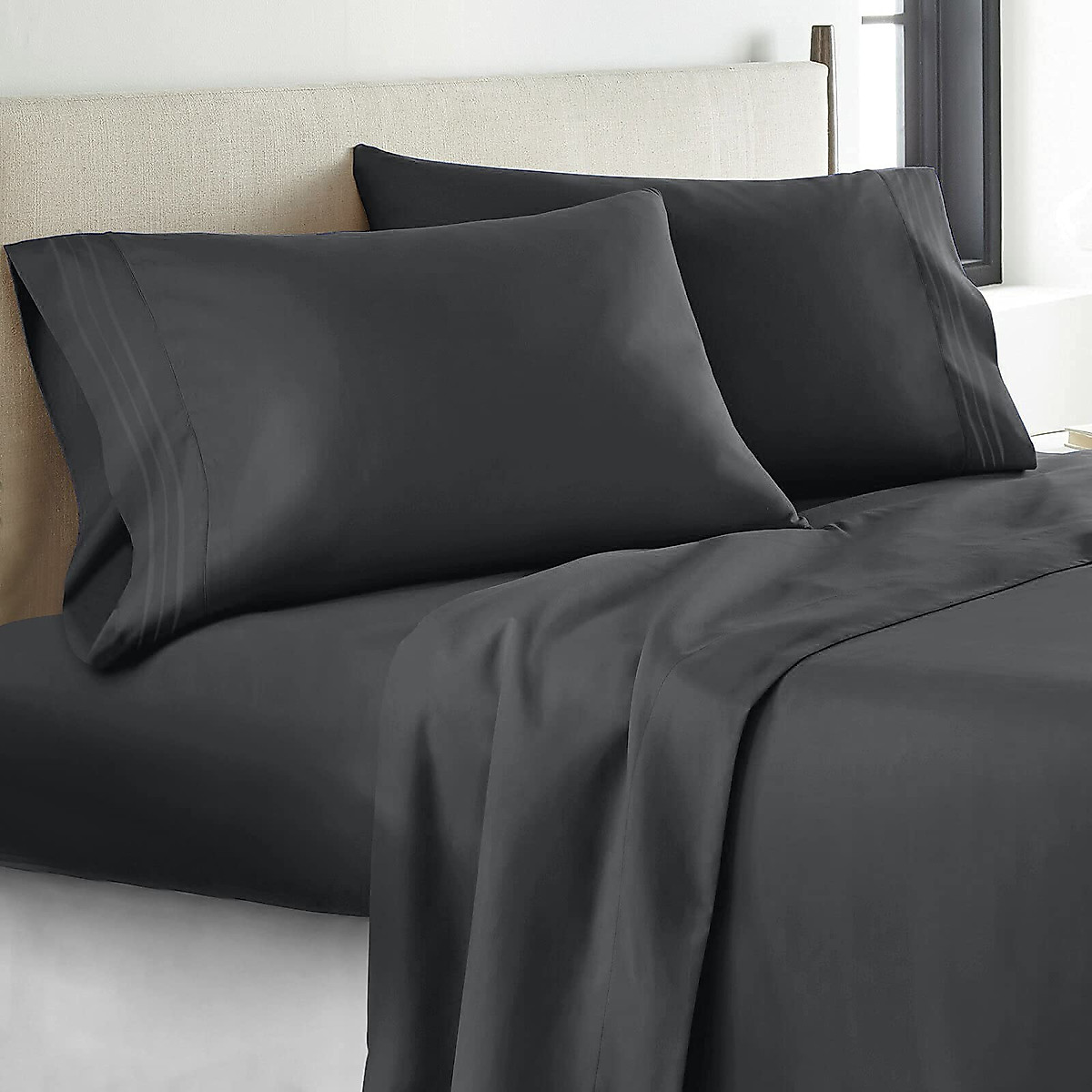 YIYEA Full Sheet Set, Luxury 1800TC Hotel Quality Double Brushed Microfiber Bed Sheets for Full Size Bed, Extra Soft, Deep Pocket, Shrinkage and Fade Resistant, 4PC (Full, Black)