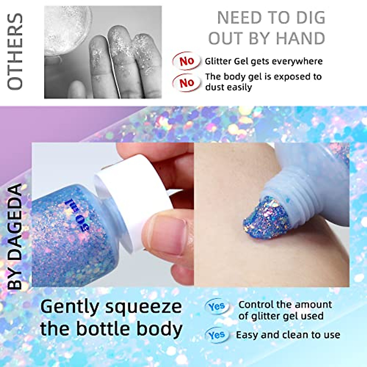 DAGEDA 2Pcs Body Glitter Gel, Face Glitter Gel Body Shimmer Body Sequins Liquid Eyeshadow, Holographic Laser Glitter Makeup Extra Fine Glitter Gel for Women Rave Accessorie (Mermaid and Galaxy Blue)