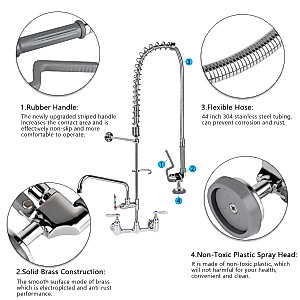 Pre Rinse Spray Valve with 38'' Stainless Hose, Flexible Commercial Sink Hose High Pressure Restaurant Dish Sprayer with Ergonomic Handle Assembly Kit for Commercial Wall Mount Kitchen Faucet