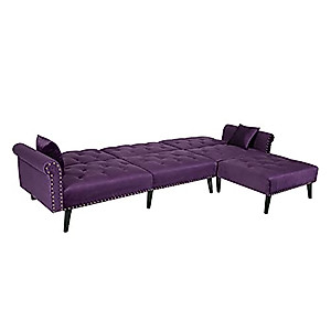 Velvet Convertible Sectional Sofa Bed Sleeper with Reversible Chaise and Pillows Comfy Velvet Fabric L-Shaped Reversible Reclining Sofa with 3 Seats and Pillows (Purple)