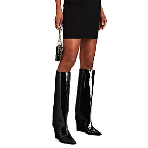 THESHY Women‘s Pointed Toe Knee High Boot Wedge Metallic High Heel Thigh High Boot Patent Leather Pull on Shoes