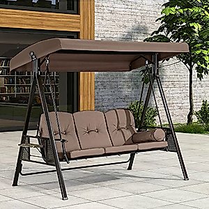 PURPLE LEAF 3-Seat Deluxe Outdoor Patio Porch Swing with Weather Resistant Steel Frame, Adjustable Tilt Canopy, Cushions and Pillow Included, Beige